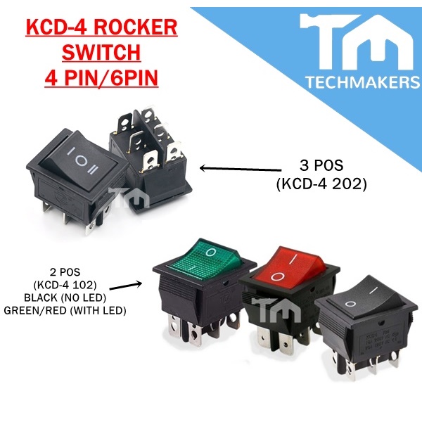 KCD-4 Rocker Switch 4-pin/6-Pin 28.5x22mm illuminated (with light ...